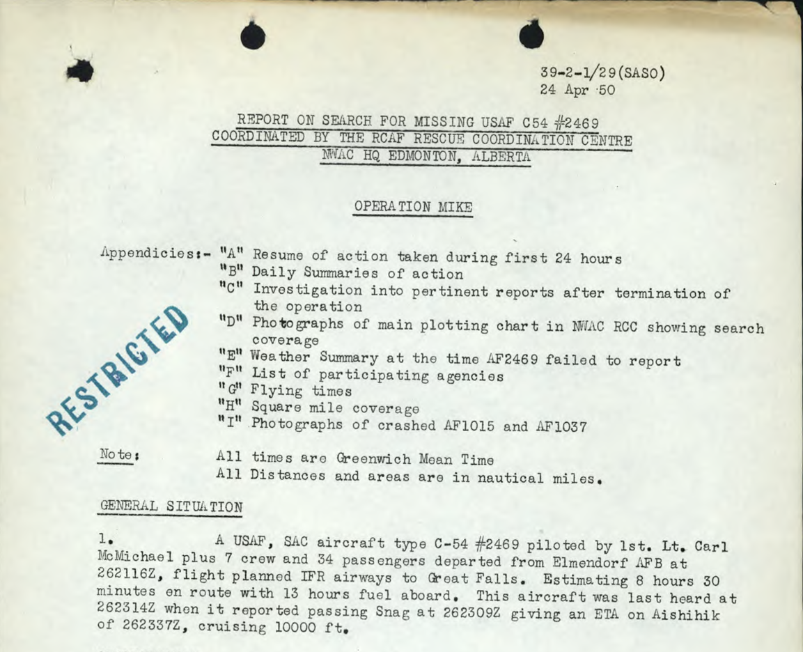 'USAF Douglas C-54D Skymaster 2469' PDF Canadian RCAF Search Report ...